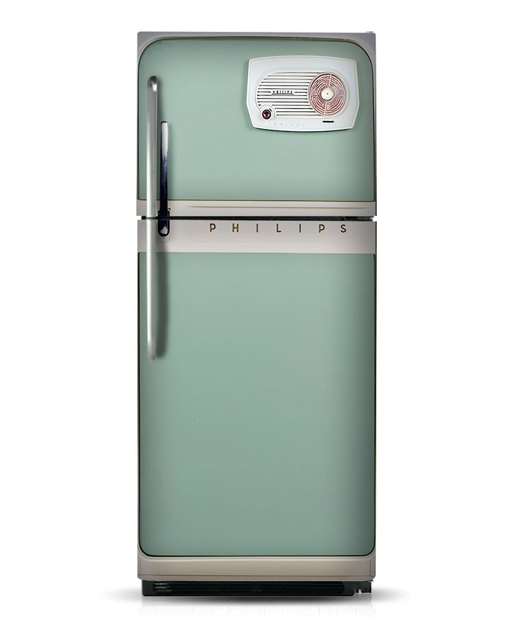 A vintage fridge with a radio look a like magnetic wrap – KUDUmagnets